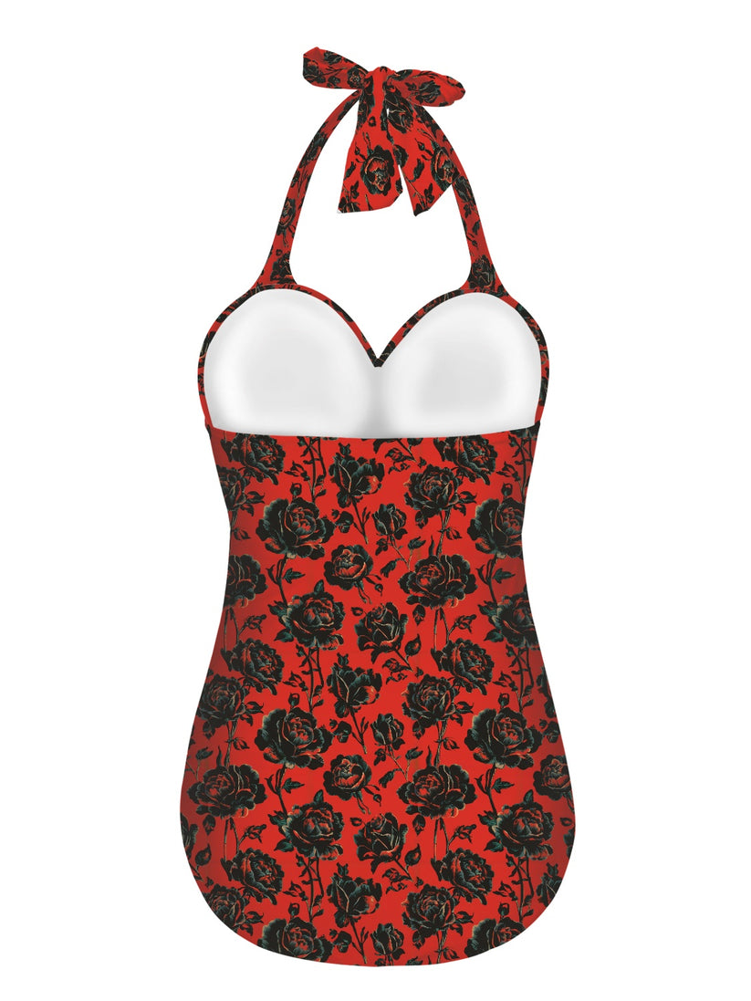 Vampire Art Vintage Chic Halter Neck One-Piece Swimsuit - Red With Bla